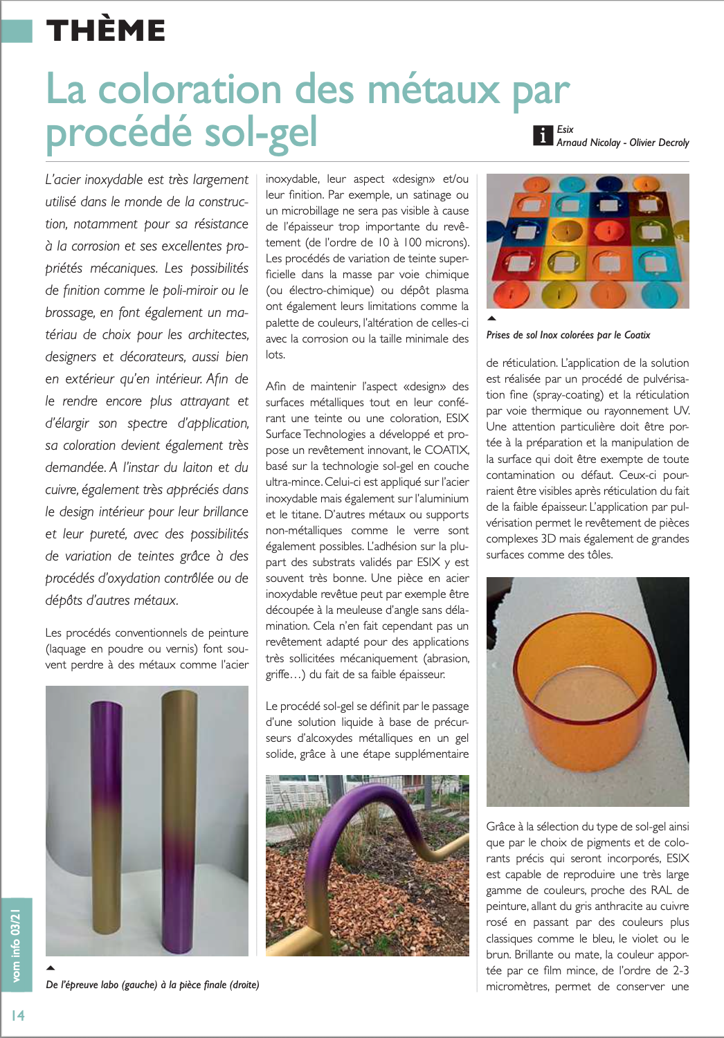 PRESSE VOM: La coloration des métaux par procédé sol-gel